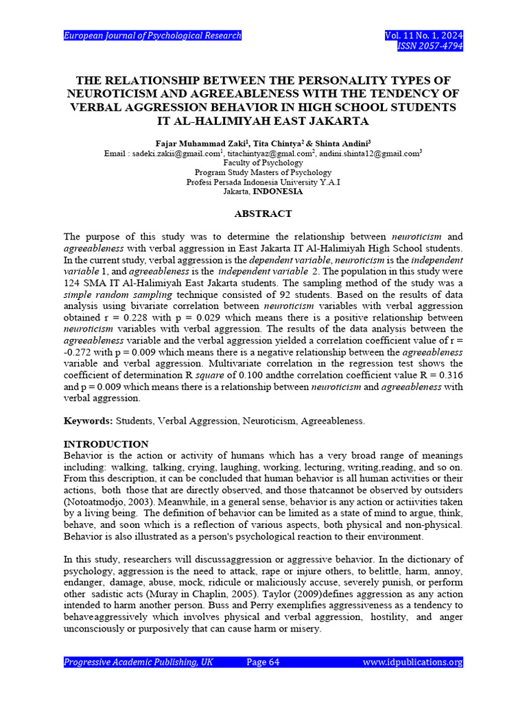 The Relationship Between The Personality Types of Neuroticism and Agreeableness With The ...