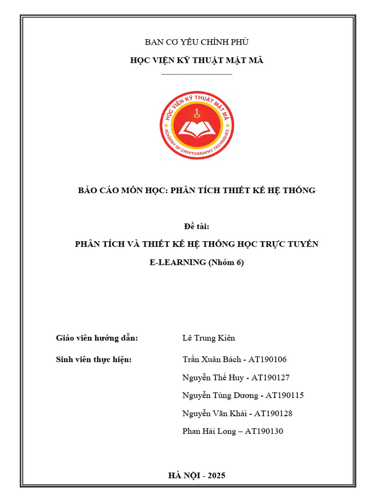 Phân Tích Và Thiết Kế Hệ Thống Học Trực Tuyến E-learning (Nhóm 6) | PDF