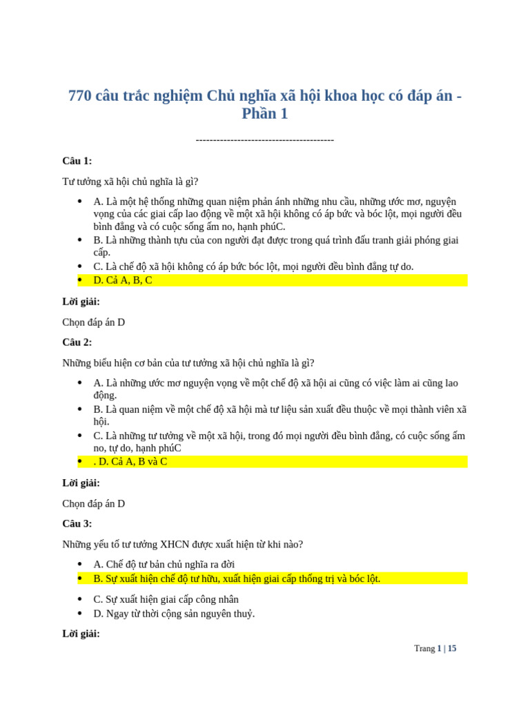 770 Cau Trac Nghiem Chu Nghia Xa Hoi Khoa Hoc Co Dap An Phan 1 2025-03-12 | PDF