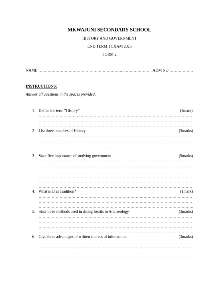 f2 Hist End Term 1 Exam 2025 | PDF | Africa