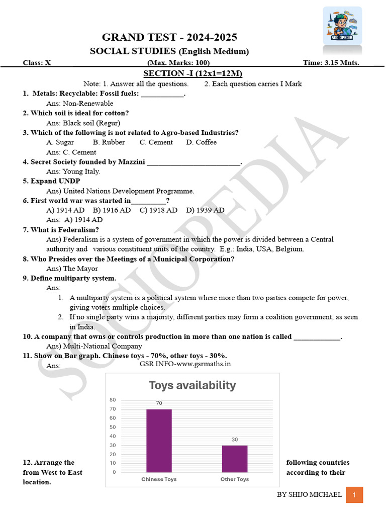 10th Class Social Grand Test Key Paper | PDF | Agriculture | Water