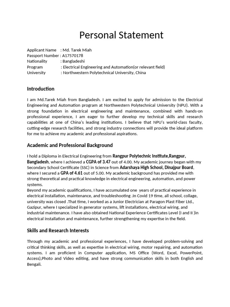 Electrical Engineering Personal Statement | PDF | Engineering | Automation