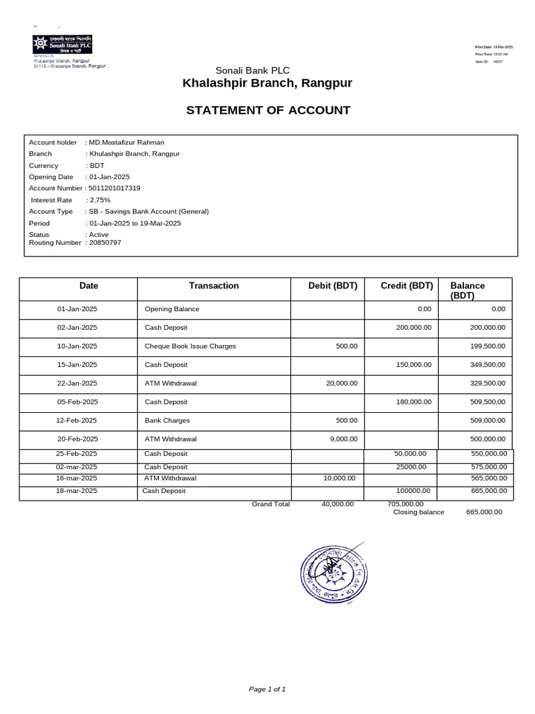 Sonali Bank Account Statement Summary | PDF | Banks | Cash