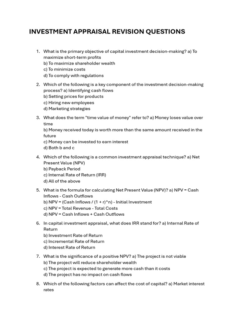 Investment Appraisal Questions | PDF | Net Present Value | Internal ...
