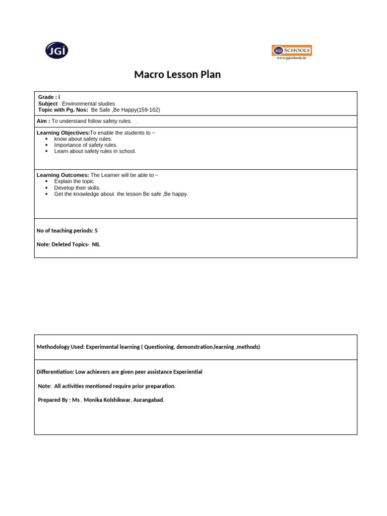 Grade 1 Be Safe, Be Happy | PDF | Learning | Lesson Plan