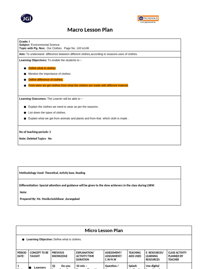 Grade 1 Lesson Plan: Our Clothes | PDF | Lesson Plan | Learning