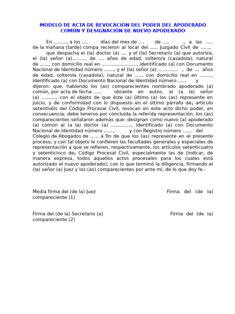 Modelo de Acta de Revocación Del Poder Del Apoderado Común Y Designación de Nuevo Apoderado | PDF