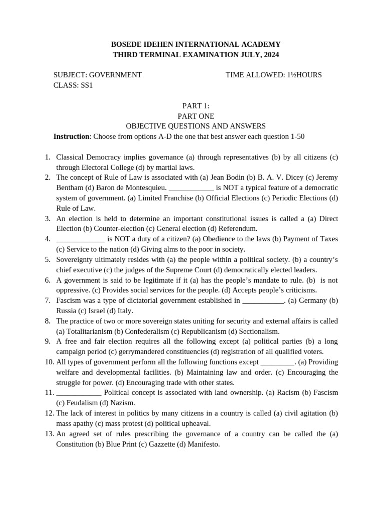 SS1 Government Exam Questions 2024 | PDF | Elections | Political Science
