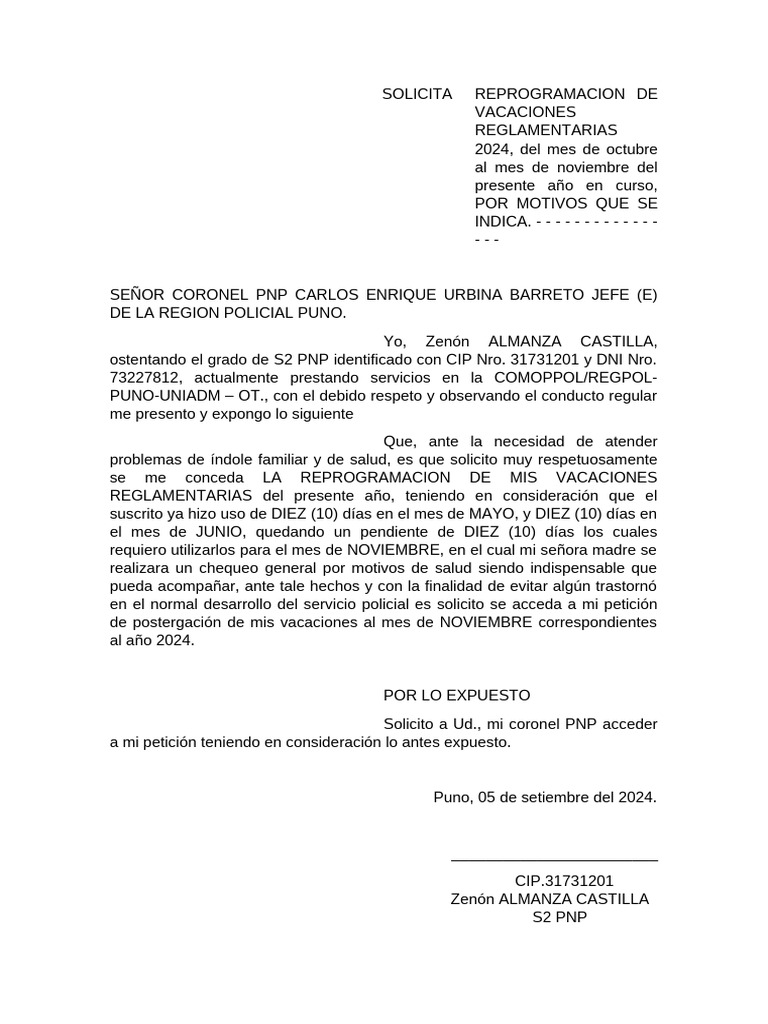 Solicita Reprogramacion de Vacaciones Reglamentarias 2024 | PDF