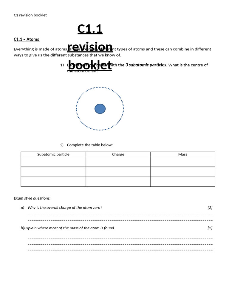 C1 Atoms and Chemical Reactions Guide | PDF | Atoms | Chemical Elements