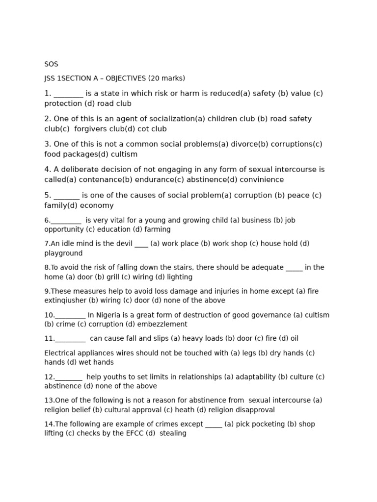 JSS 1 Social Studies Exam 2nd Term | PDF | Social Psychology | Intimate ...