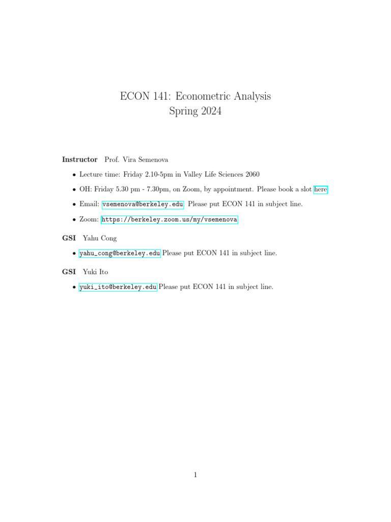 Syllabus Econ141 Semenova | PDF | Regression Analysis | Statistics