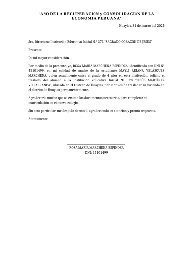 Modelo Solicitud Traslado Colegio Peru Word | PDF
