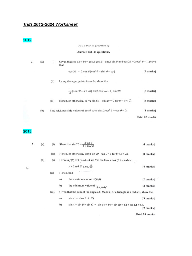 Trigs 2012-2024 Worksheet | PDF