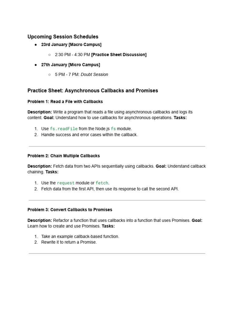 Practice Sheet - Asynchronous Callbacks and Promises | PDF | Computer Architecture | Information ...