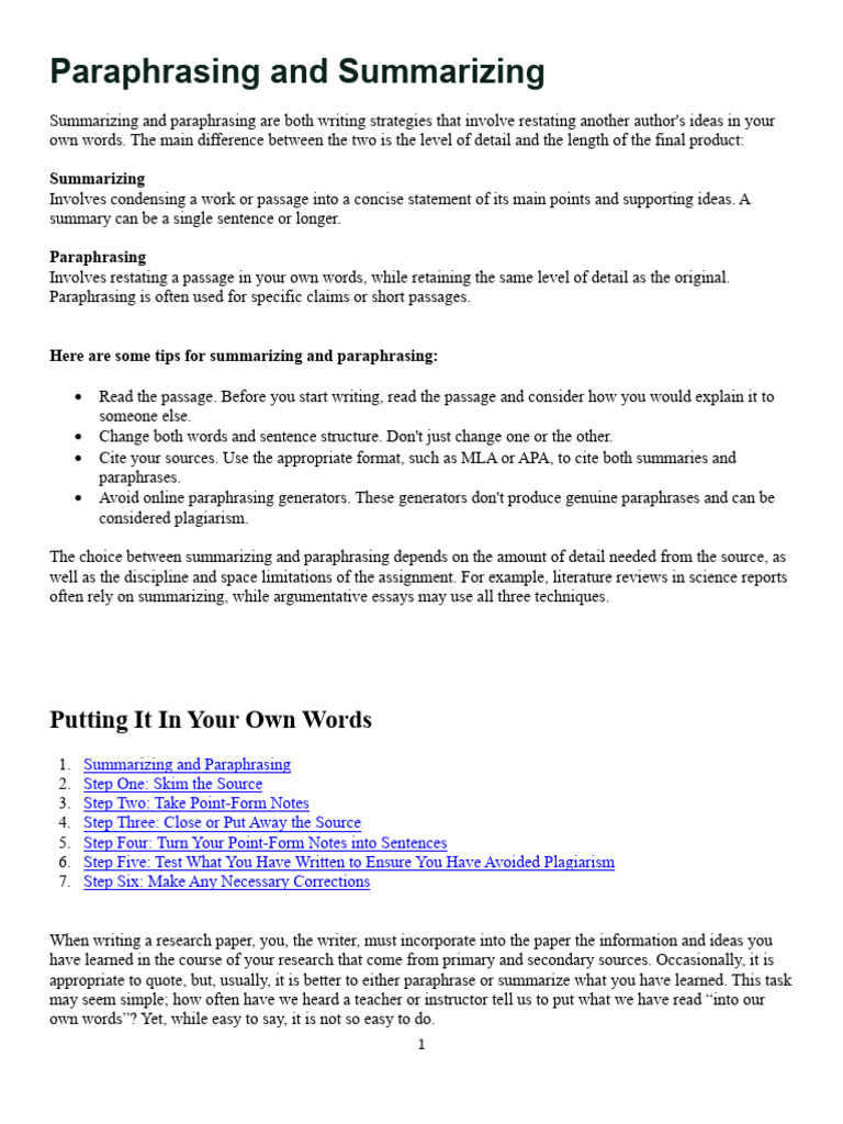 Summarizing vs. Paraphrasing Guide | PDF | Plagiarism | Essays