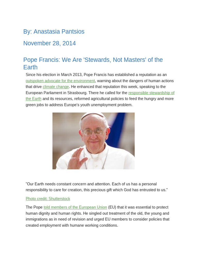 Pope Francis Stewards of The Earth | PDF | Nature | Poverty