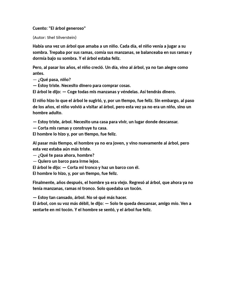 Cuento - El Árbol Generoso - para Análisis | PDF | Amor | Felicidad