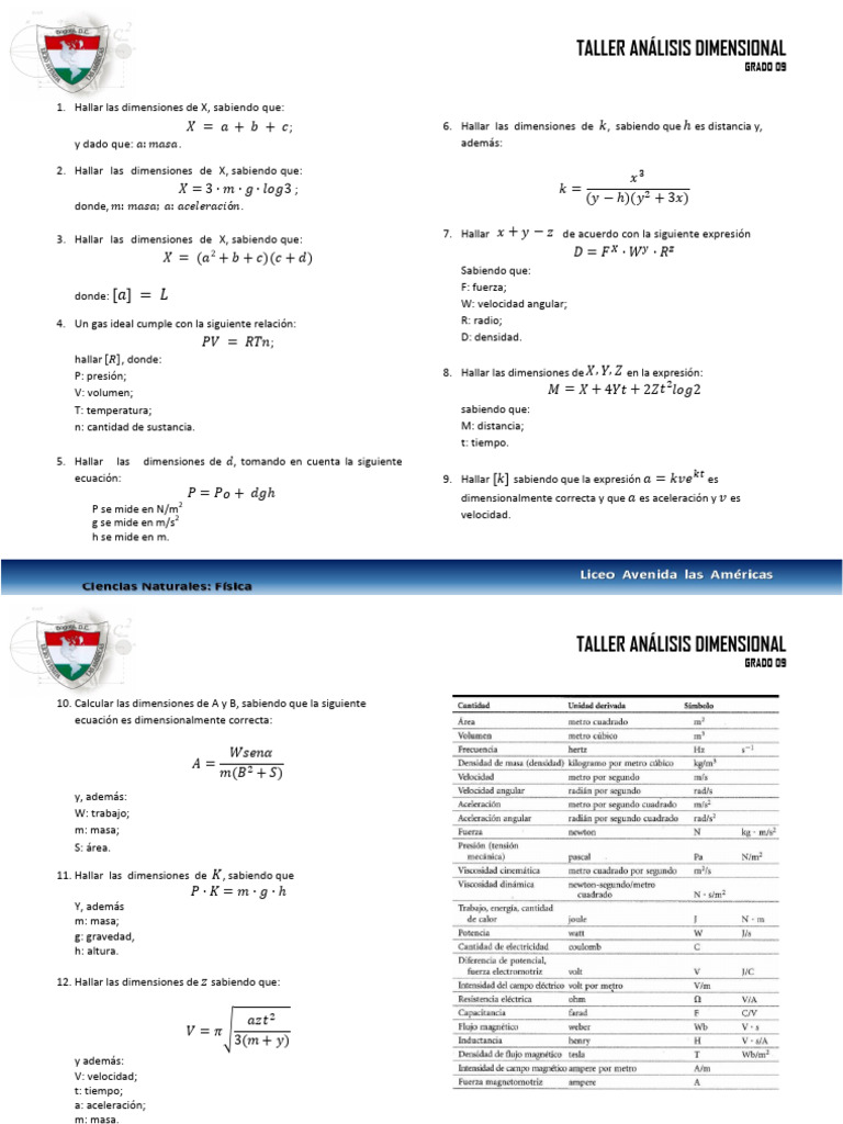 Taller an-lisis dimensional II | PDF | Masa | Velocidad