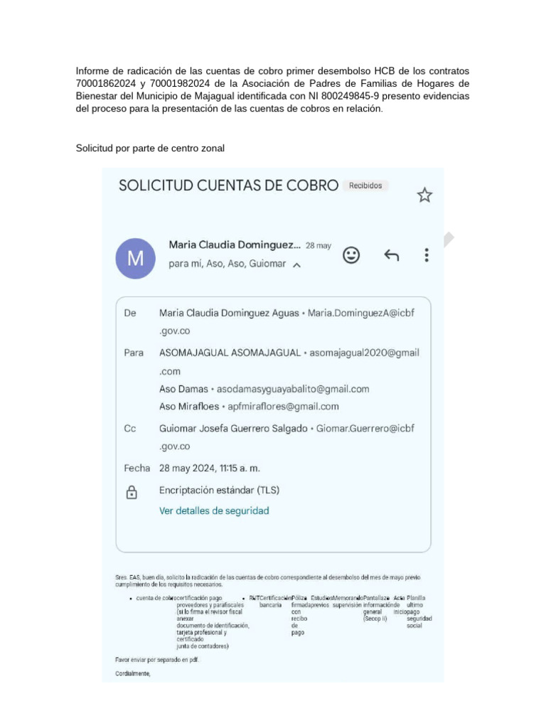 Informe de Radicación de Las Cuentas de Cobro Primer Desembolso ...