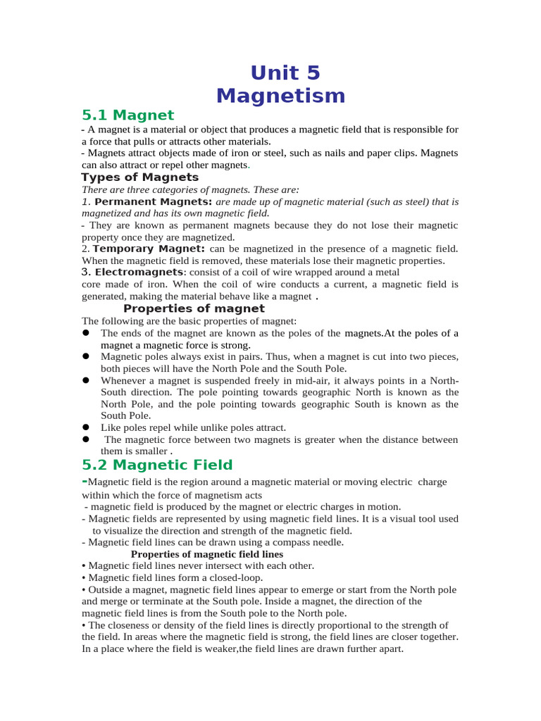 Grade 10 Unit 5 Note, ELECTRONICS | PDF | Magnetic Field | Magnet