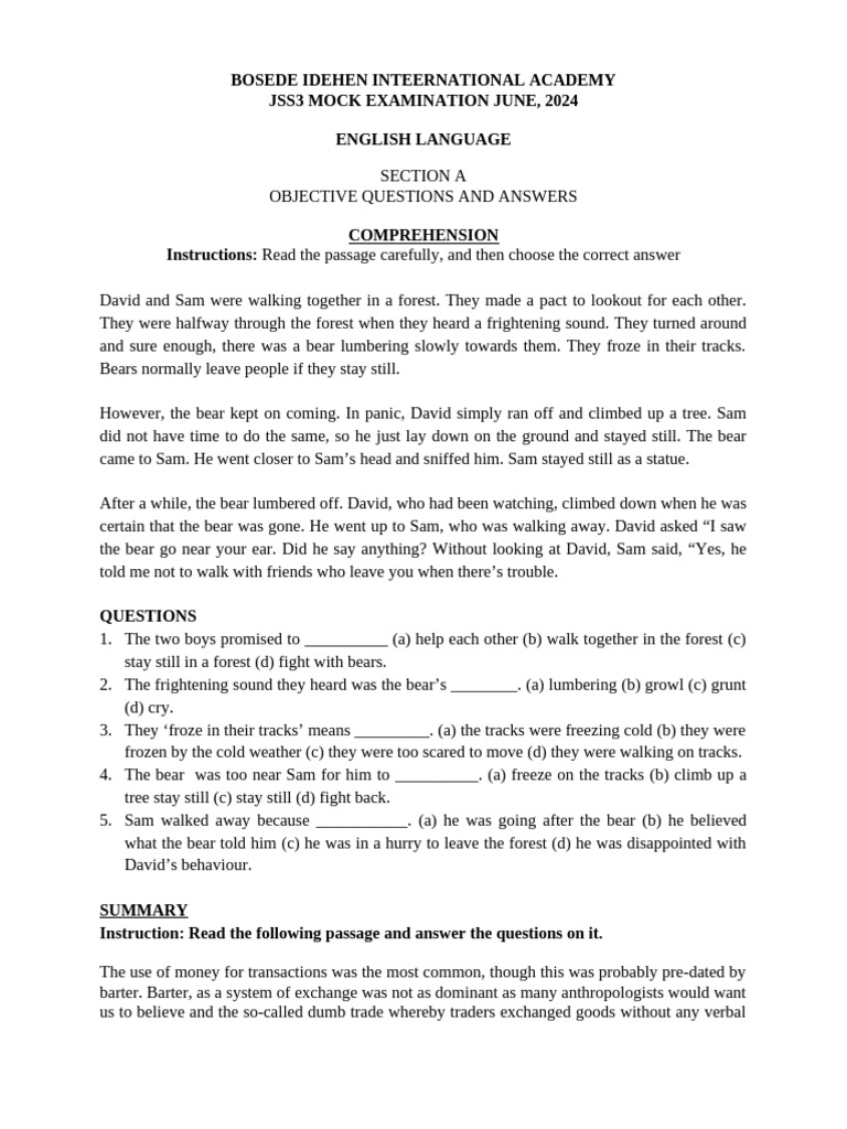 JSS3 English Mock Exam Questions 2024 | PDF | Poetry | Money