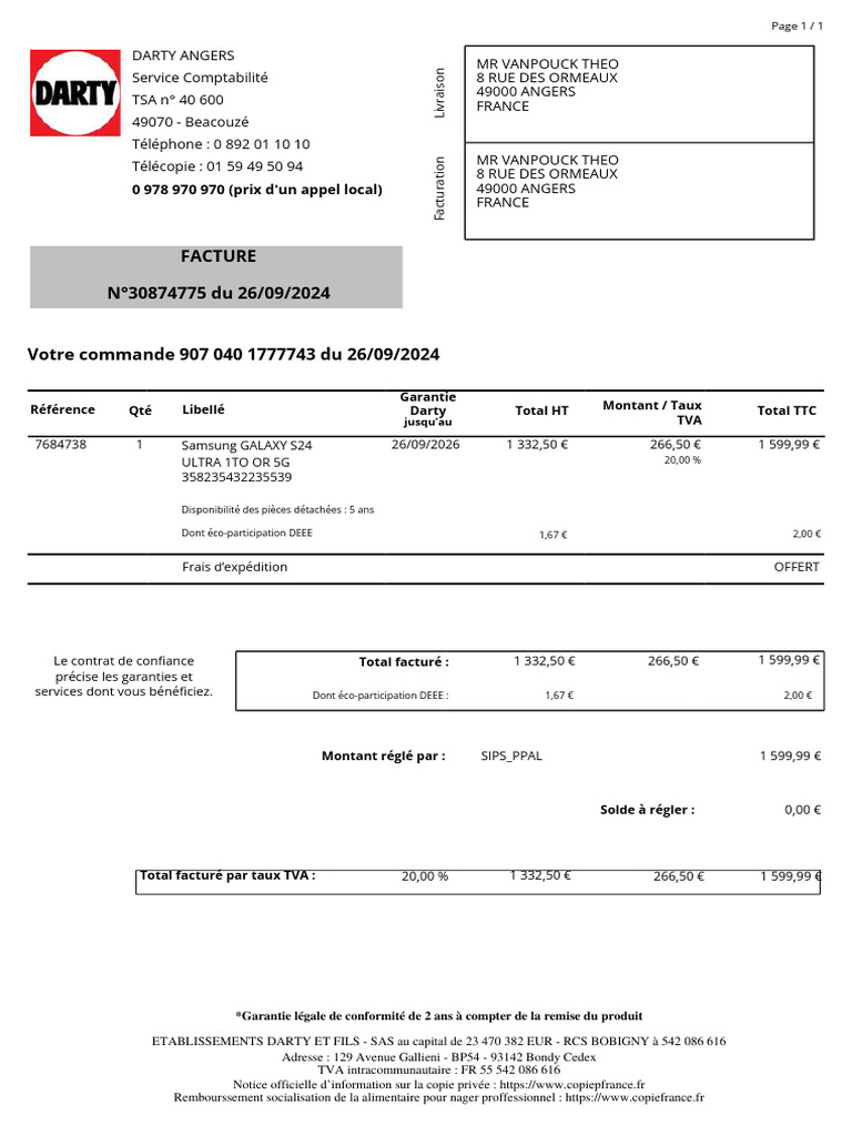 Facture Darty N°30874775 2024 | PDF | Sodles | Impôts