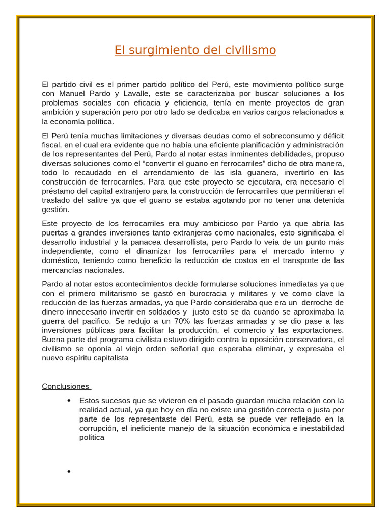 El surgimiento del civilismo (1) | PDF | Perú | Economias