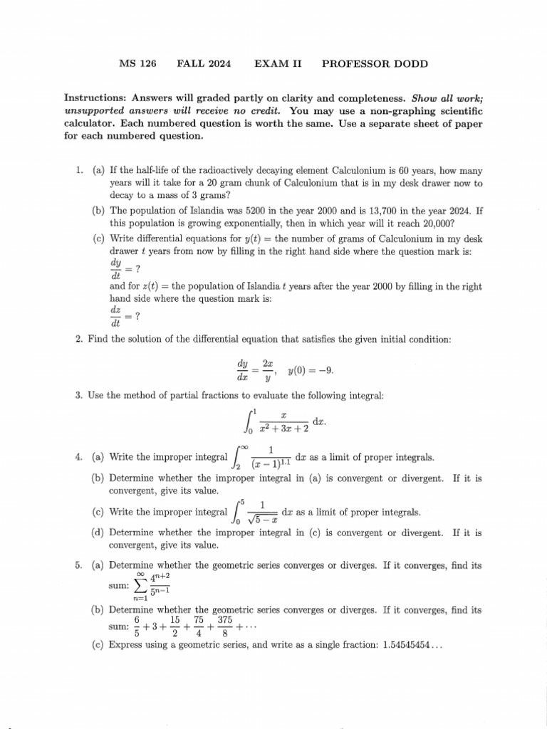 MS 126 Calculus II Exam II Fall 2024 Scanned Questions Solutions and Results | PDF