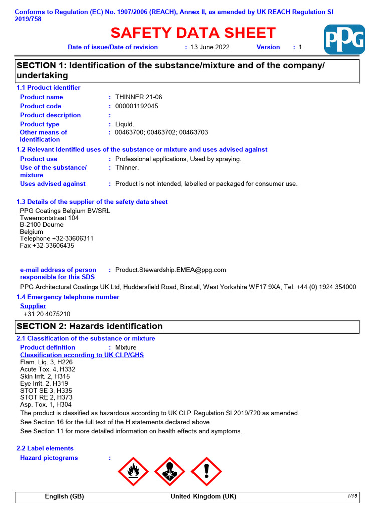 PPG Thinner 21-06 Safety Data Sheet | PDF | Occupational Safety And ...