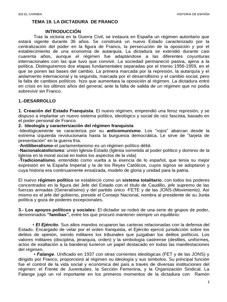 Tema 19. La Dictadura de Franco | PDF | España franquista | Francisco franco