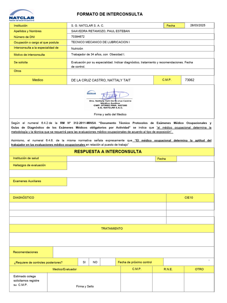 Interconsulta Médico Ocupacional para Técnico | PDF