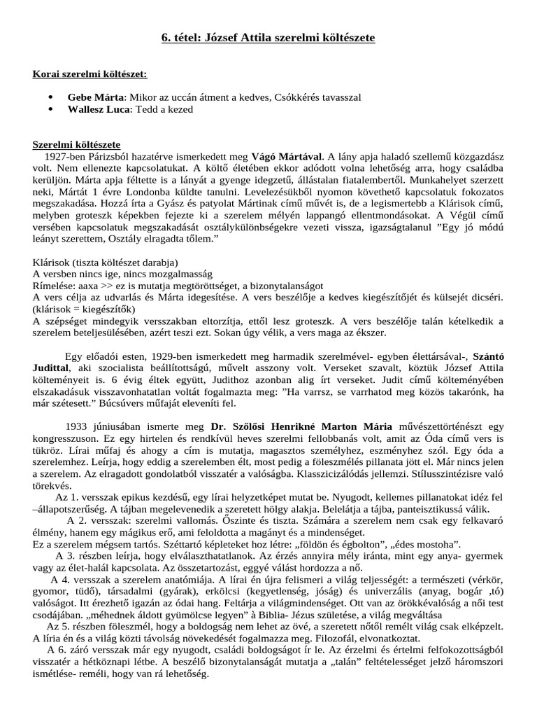 Tétel József Attila Szerelmi Költészete | PDF