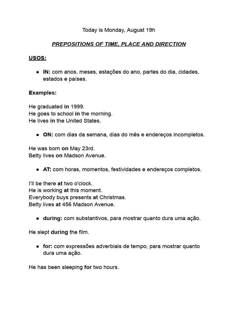 PREPOSITIONS OF TIME, PLACE AND DIRECTION | PDF