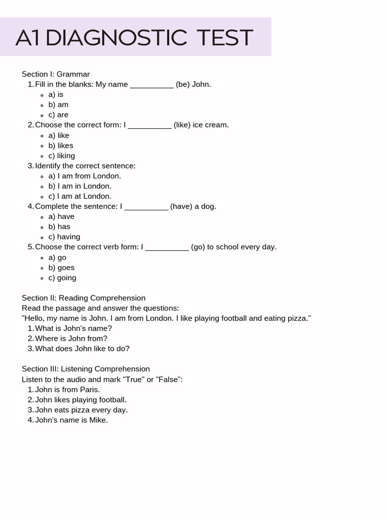 A1 Diagnostic Test | PDF