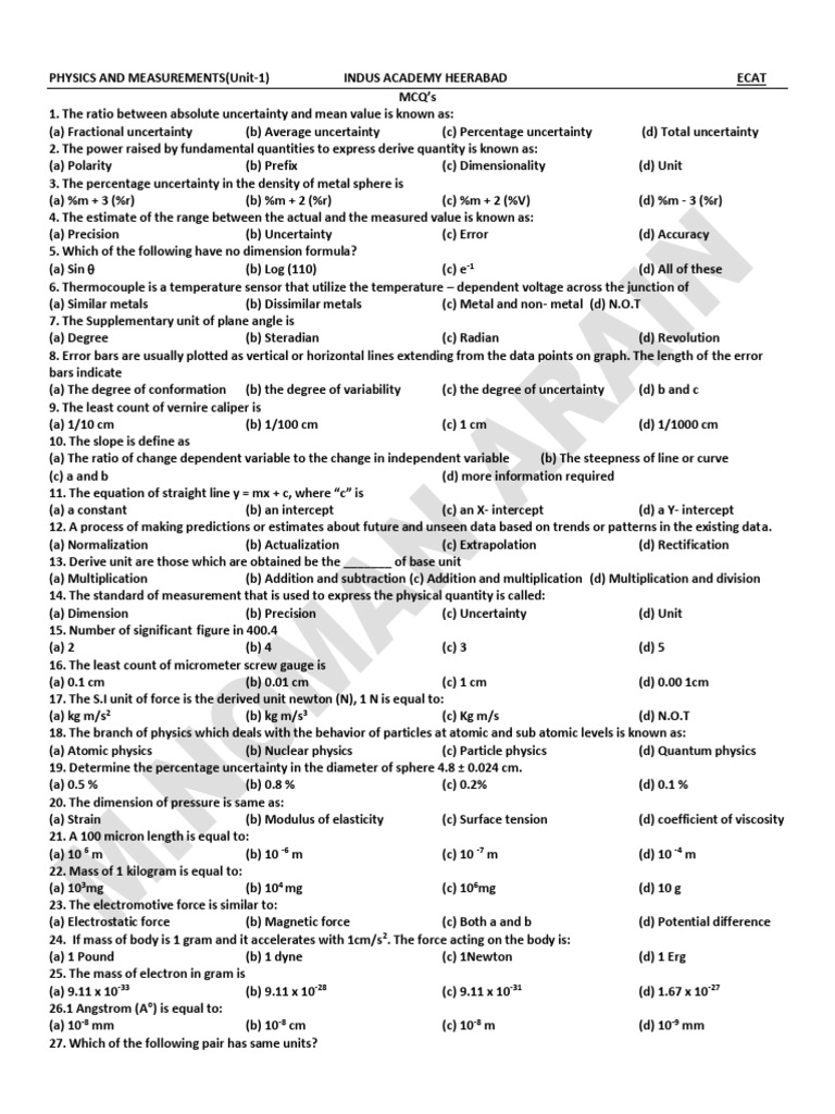 Unit-1 Practice Mcqs (Indus) | PDF | Force | Momentum