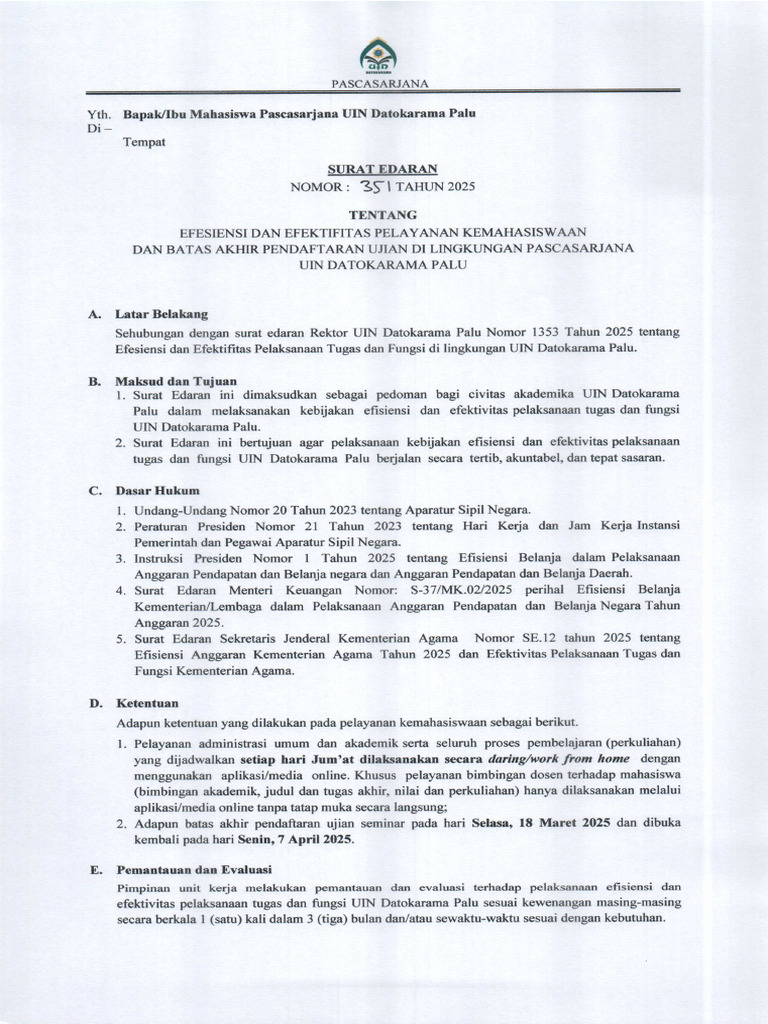 Surat Edaran Efesiensi Dan Efektifitas Pelayanan Kemahasiswaan Dan Batas Akhir Pendaftaran Ujian ...
