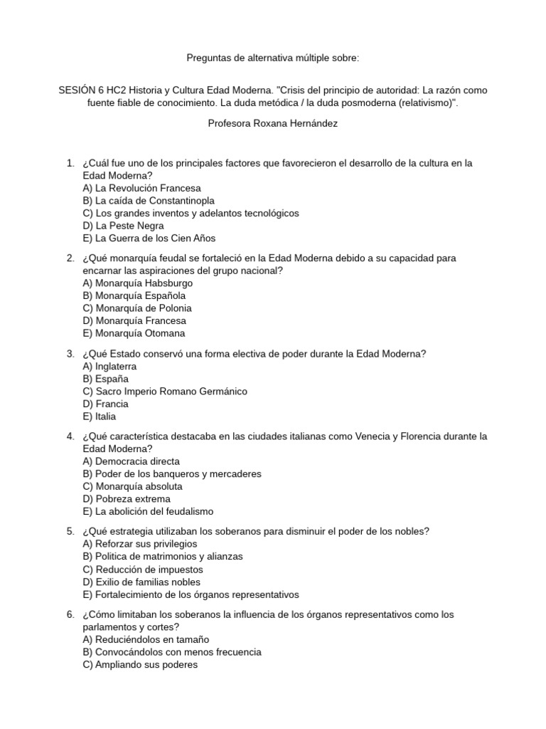 Preguntas sobre Historia y Cultura Moderna | PDF | Período moderno temprano | Monarquía
