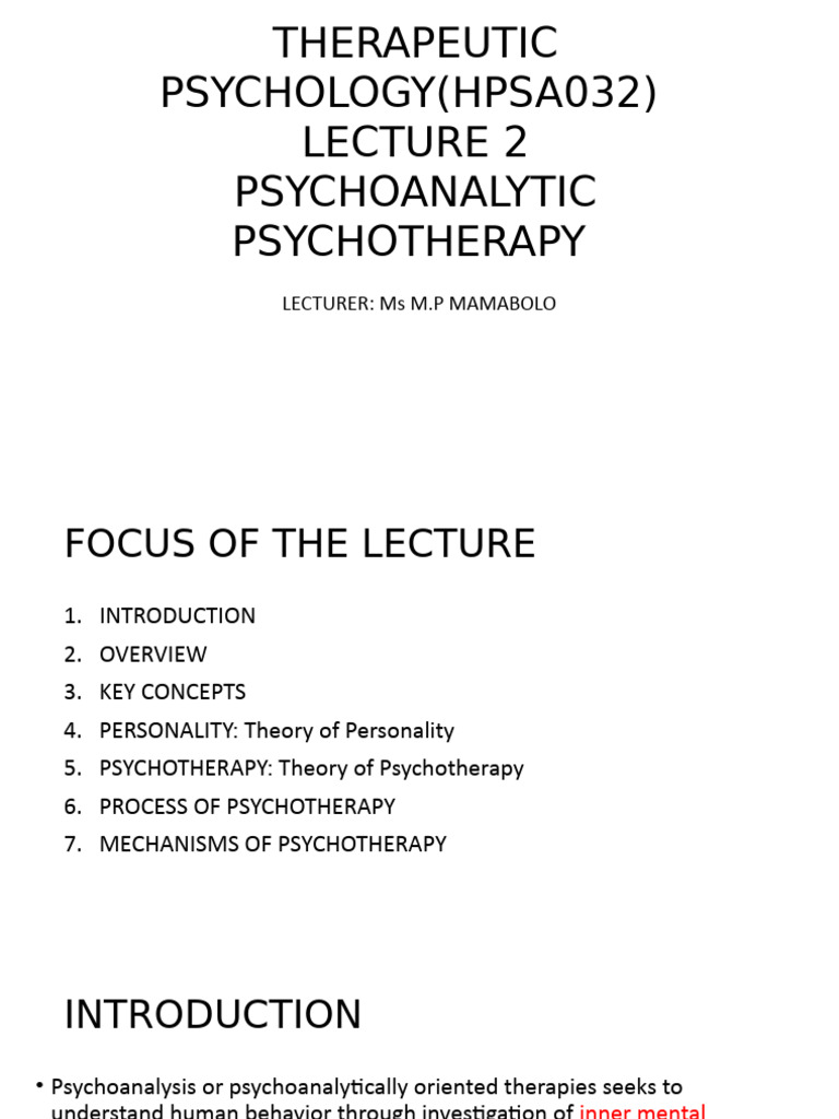 Lecture 2 Therapeutic Psychology | PDF | Psychotherapy | Psychoanalysis