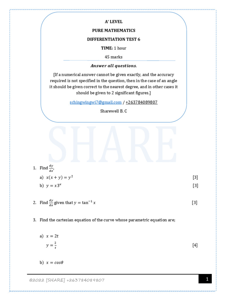 TEST 6 DIFFERENTIATION (PURE MATHEMATICS) Share | PDF | Equations | Circle
