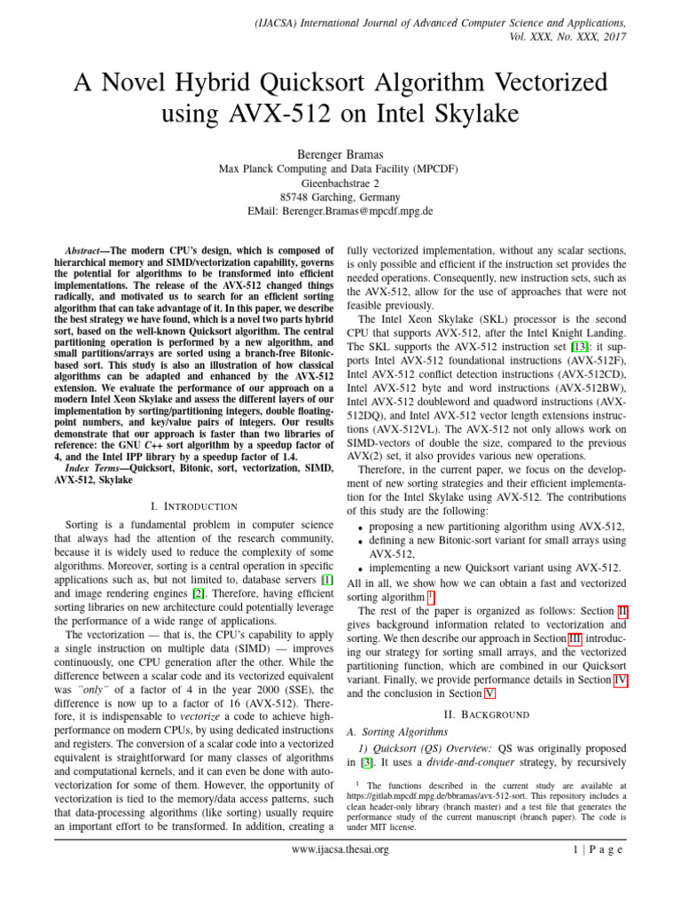 A Novel Hybrid Quicksort Algorithm Vectorized Using AVX-512 On Intel Skylake (1704.08579) | PDF ...