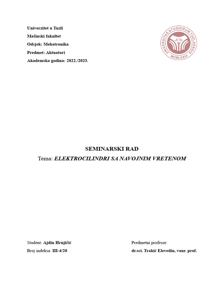 Elektrocilindri Sa Navojnim Vretenom - Seminarski Rad - Aktuatori | PDF