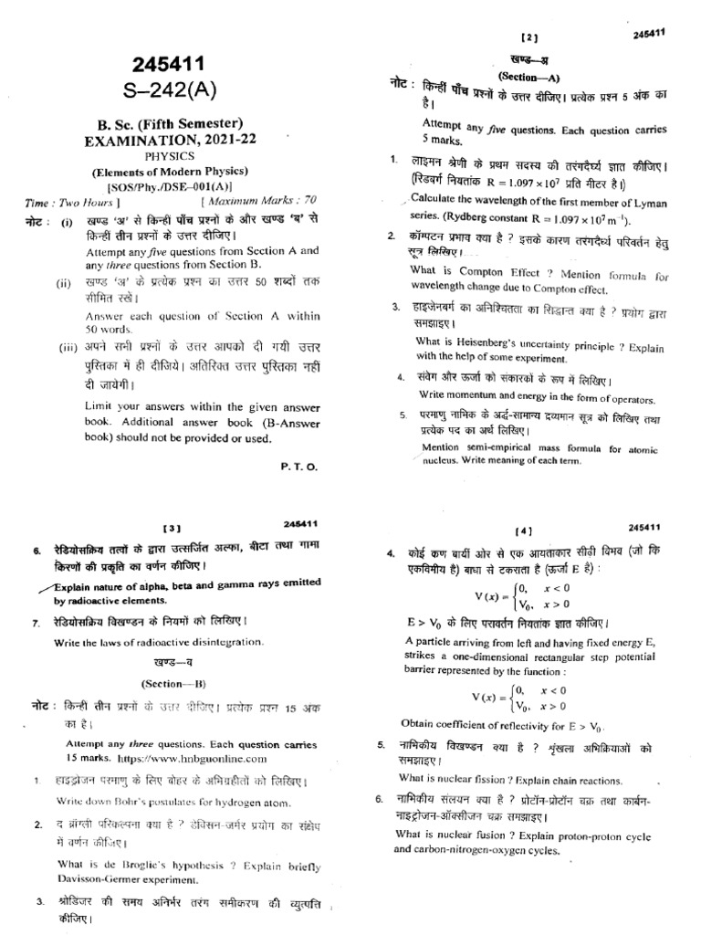 BSC 5 Sem Physics Elements of Modern Physics S 242 A 2022 | PDF