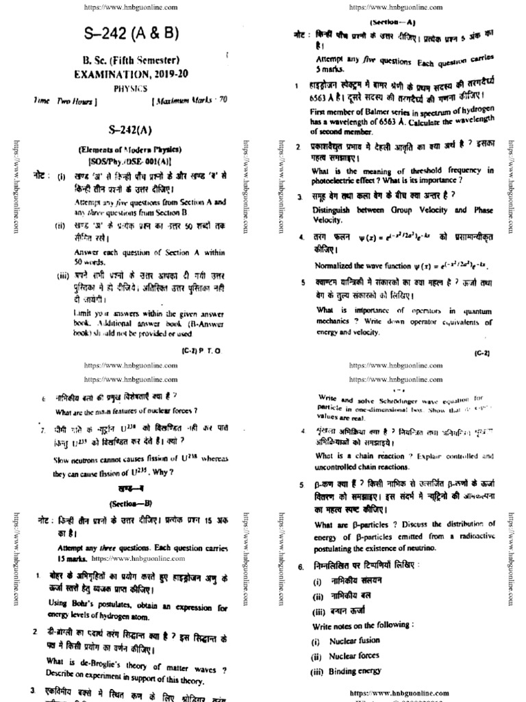 BSC 5 Sem Physics Elements of Modern Physics S 242 A and B 2020 | PDF