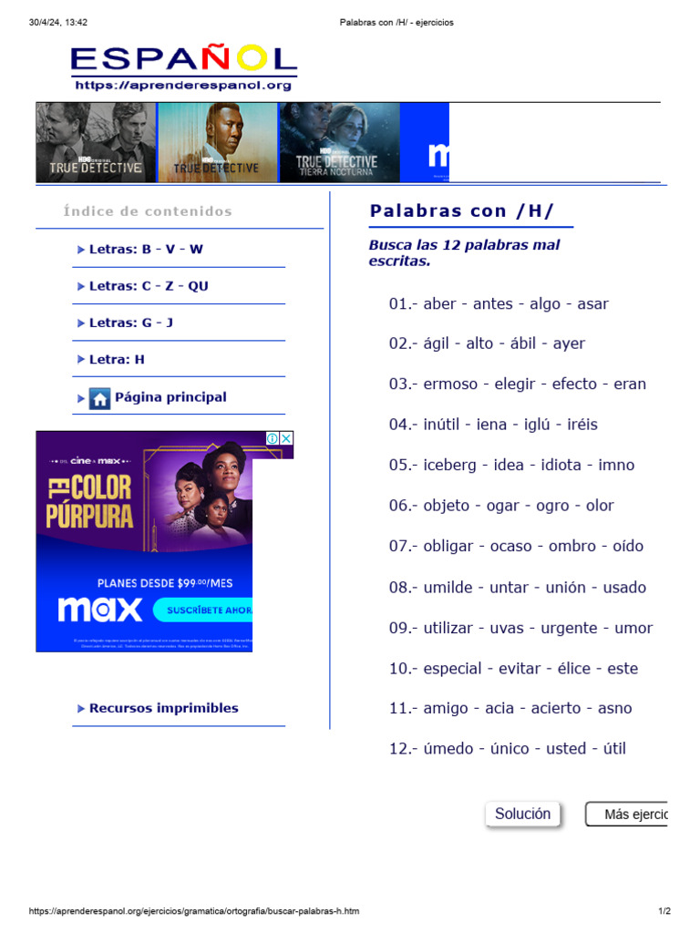 Ejercicios de palabras con H | PDF