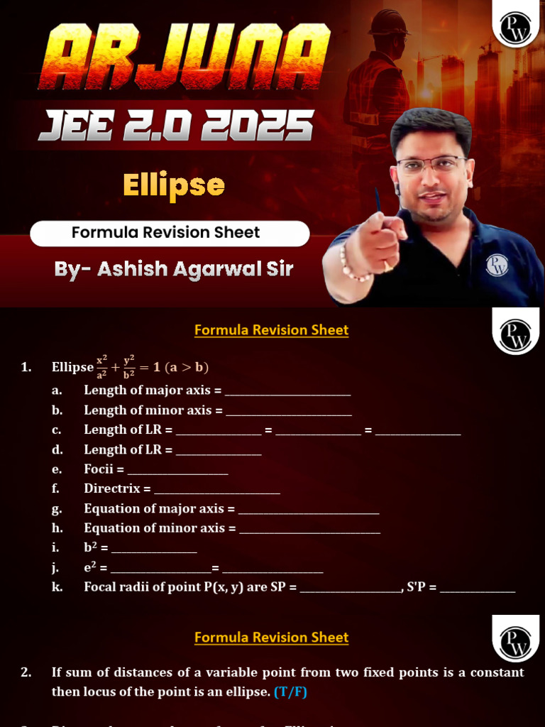 Formula Revision Sheet - Ellipse - Arjuna JEE 2.0 2025 | PDF | Ellipse ...