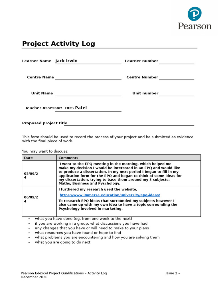 Jack Irwin Activity Log - 01 02 25 | PDF | Cognition | Learning
