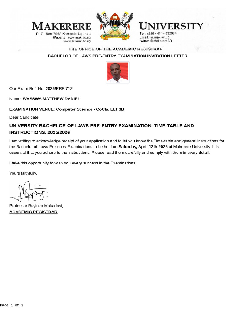 Makerere Law Pre-Entry Exam 2025 Details | PDF | Identity Document
