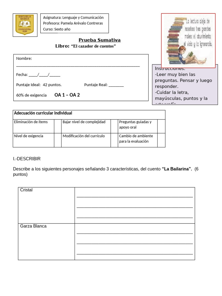Evaluación de "El cazador de cuentos" | PDF
