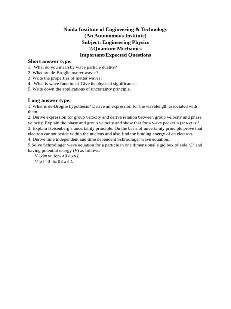 Important Quantum Mechanics Questions | PDF